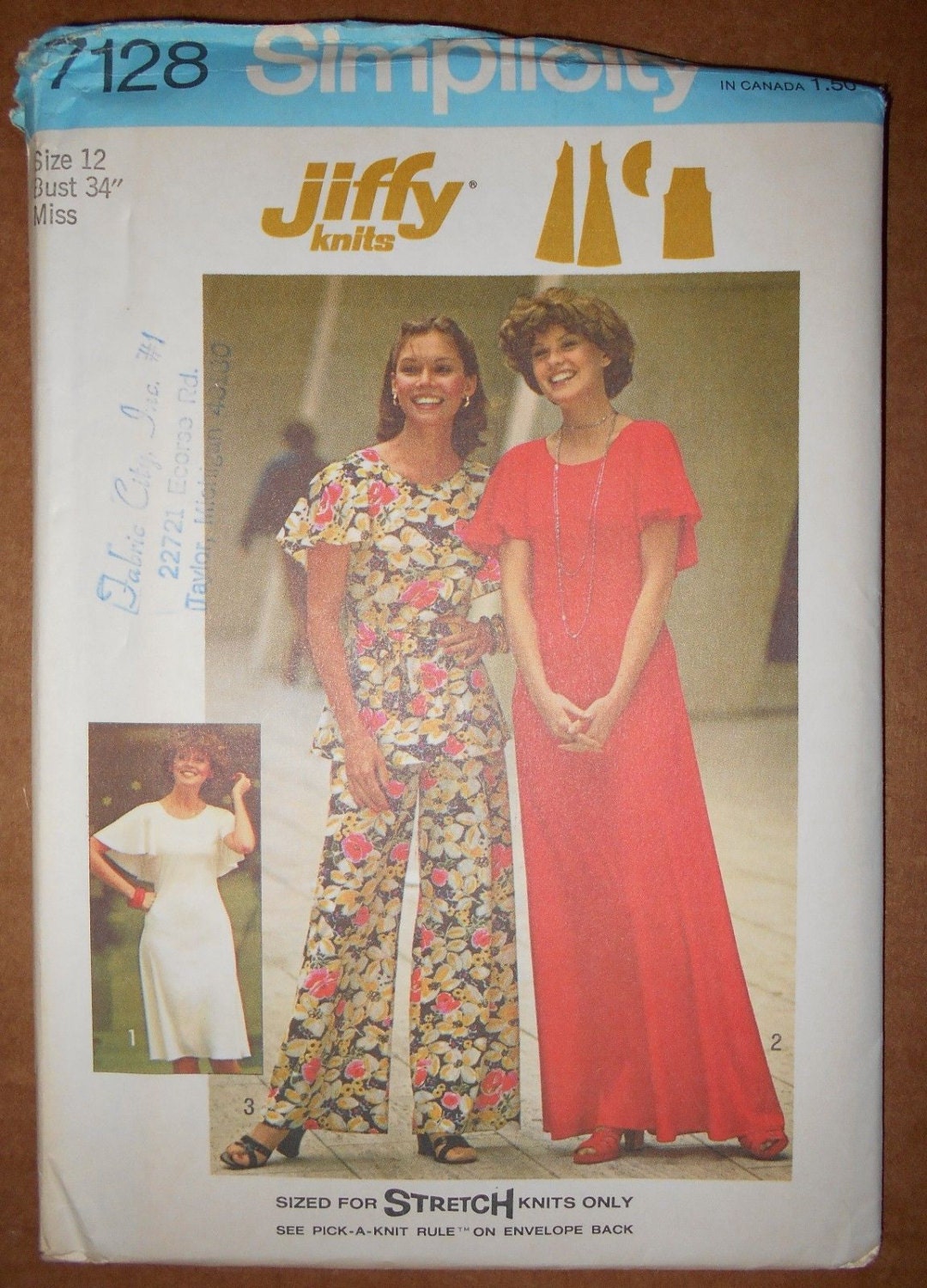 Vintage 1975 Simplicity Sewing Pattern #7128 Misses' Knit Dress in 2 ...