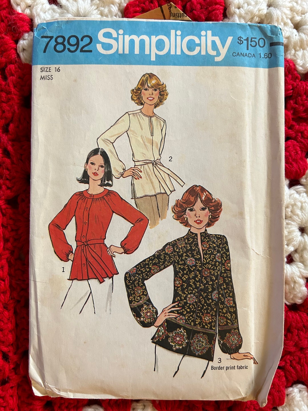 Vintage 1977 Simplicity Sewing Pattern 7892 Misses' Tunic Tops Size 16 ...