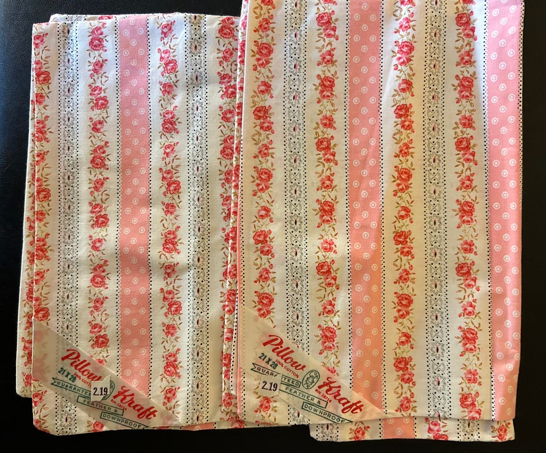 Vintage 1940s Pink Floral Stripes Unused Pillow Kraft Pillowcase Set