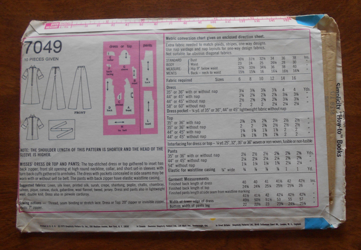 Vintage 1975 Simplicity Sewing Pattern 7049 Misses' Dress or Top ...