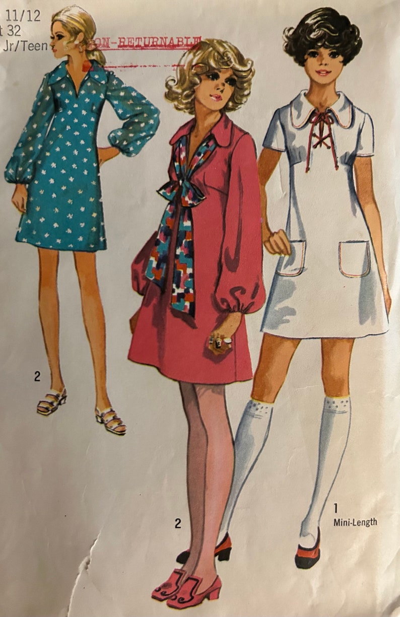 Vintage 1970 Simplicity Sewing Pattern 8805 Juniors Dress in 2 Lengths Size 11/12 Bust 32 Long ...