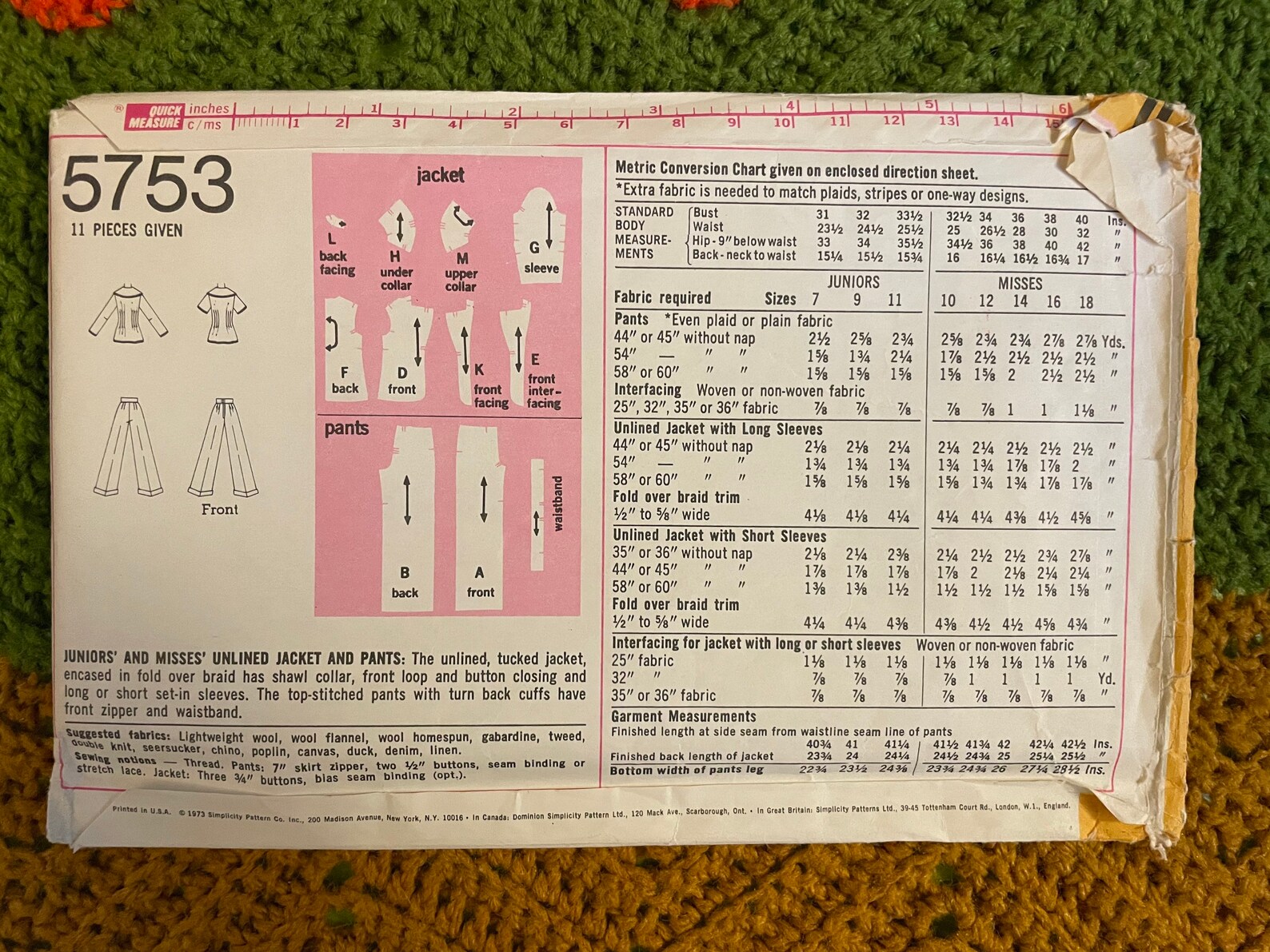 Vintage 1975 Simplicity Sewing Pattern 5753 Misses' Unlined Jacket ...