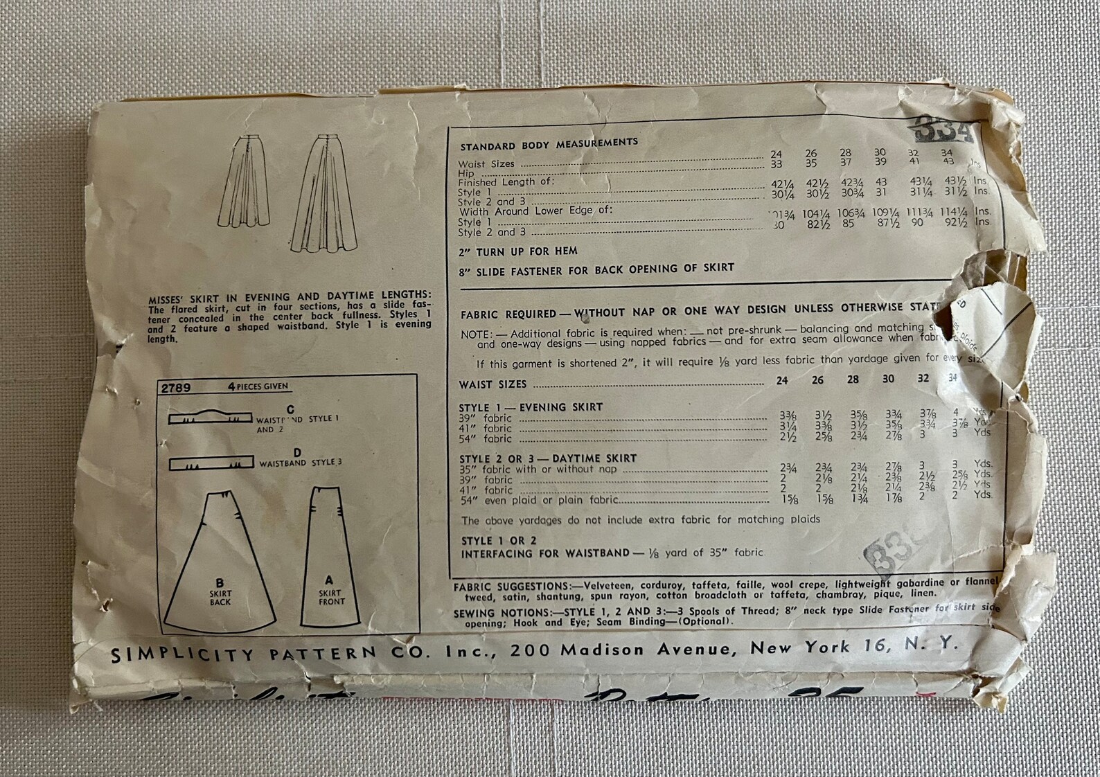 Vintage 1949 Simplicity Sewing Pattern 2789 Misses' Mid-calf or Long ...