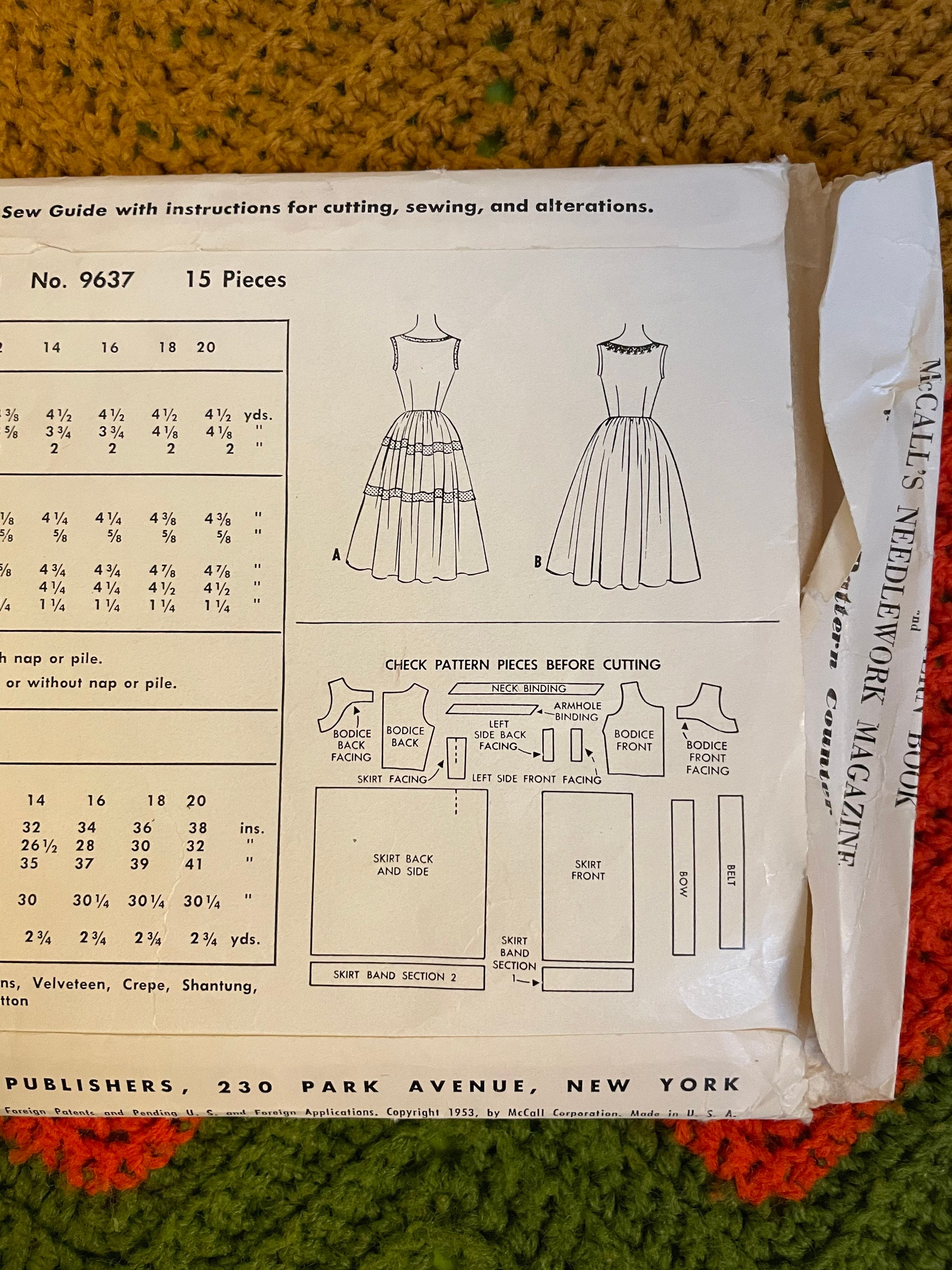 Vintage 1953 Mccall's Pattern #9637 Misses' Sleeveless Party Dress in 2 ...