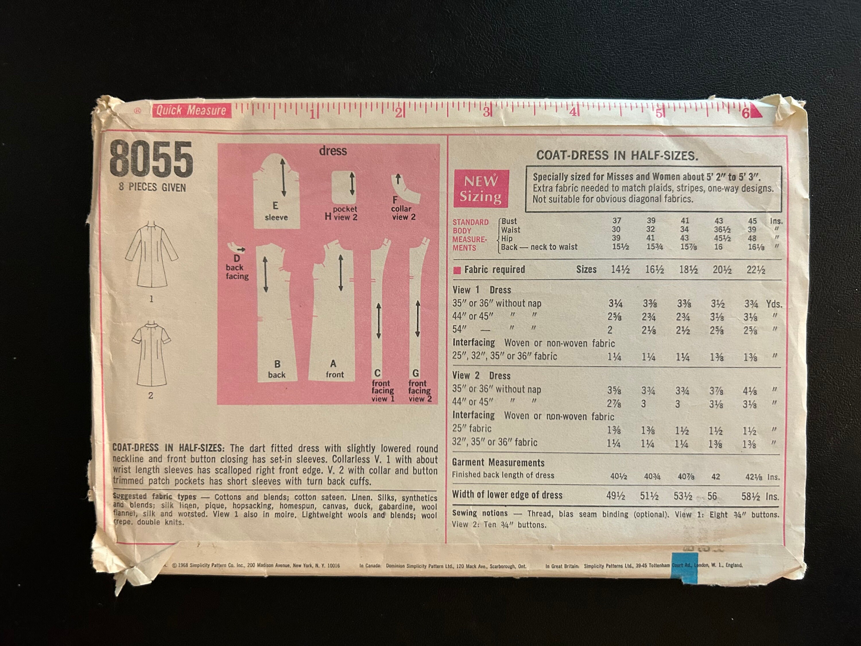 Vintage 1968 Simplicity Sewing Pattern 8055 Coat-dress in Half Sizes ...