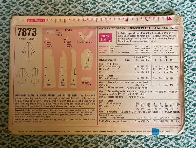 Vintage 1968 Simplicity Sewing Pattern 7873 Junior Petites' Maternity ...