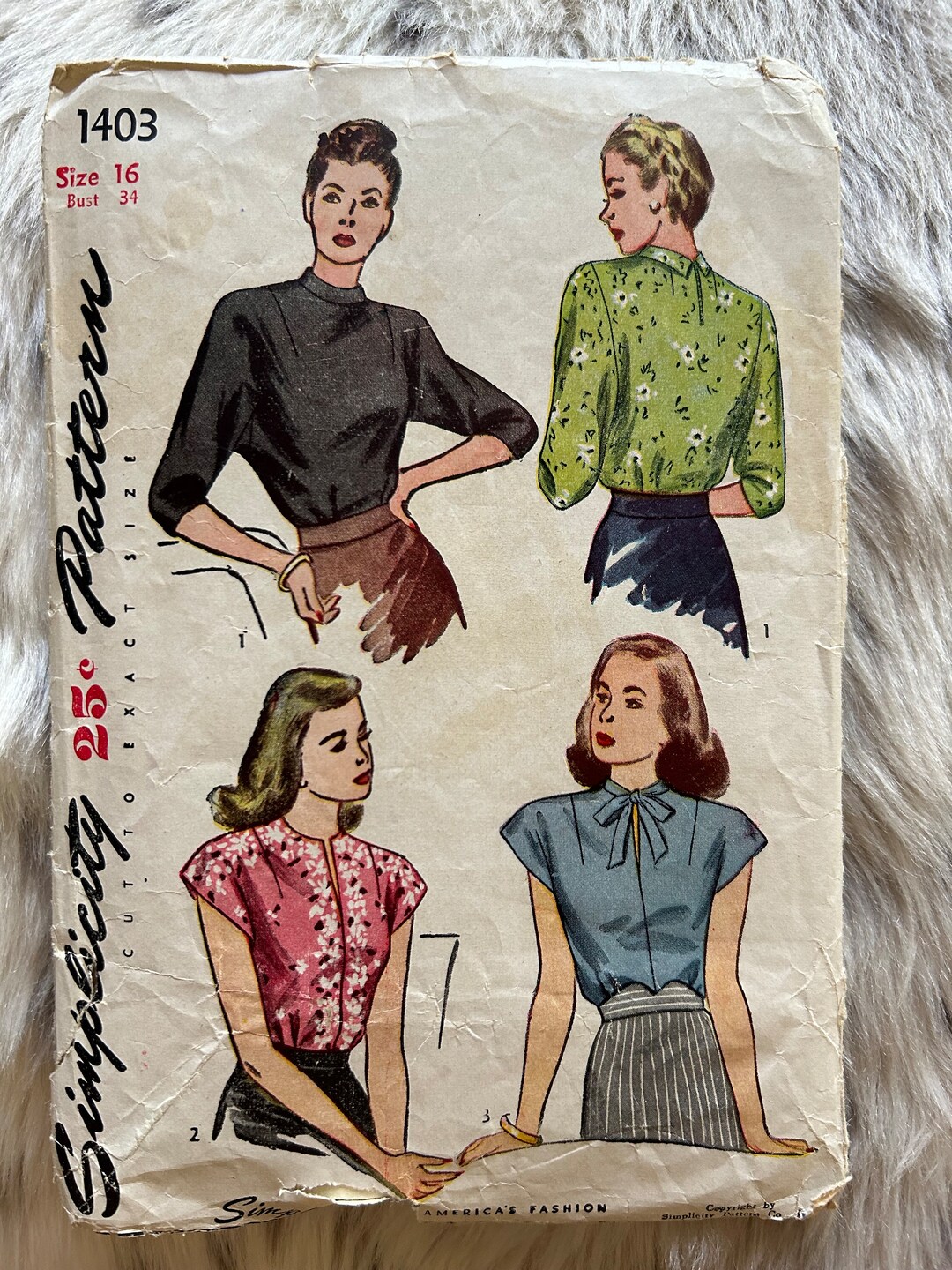 Vintage 1945 Simplicity Sewing Pattern 1403 Misses' Blouses Size 16 ...