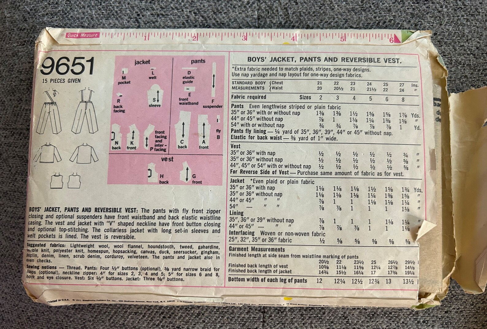 Vintage 1971 Simplicity Sewing Pattern 9651 Boys Jacket, Pants and ...