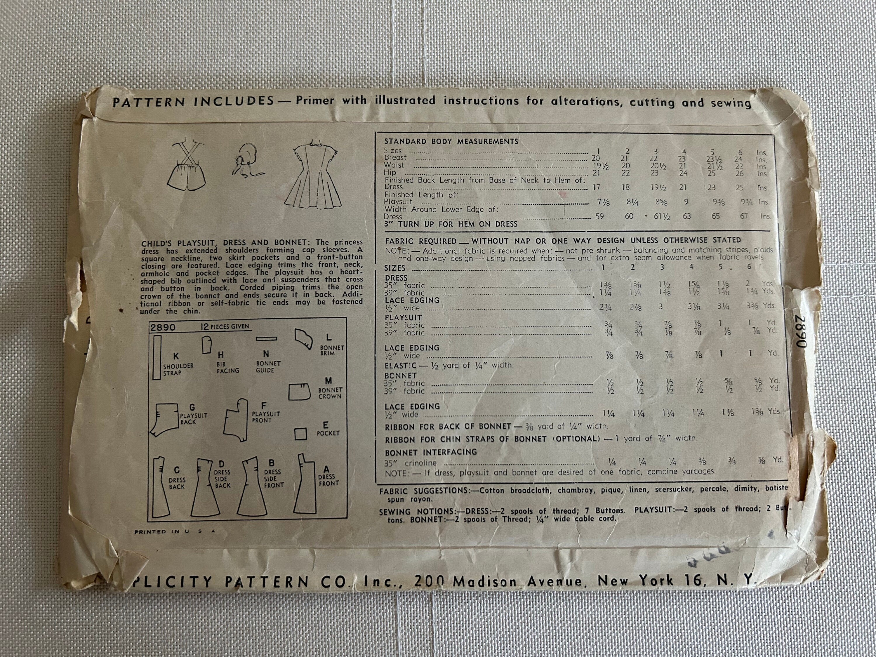 Vintage 1949 Simplicity Sewing Pattern 2890 Childs Playsuit, Dress ...