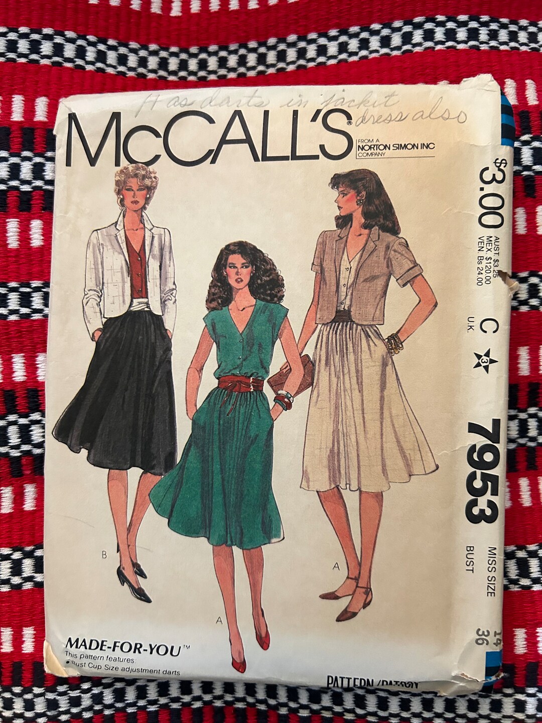 Vintage 1982 Mccall's Sewing Pattern 7953 Misses' Jacket & Dress Size ...