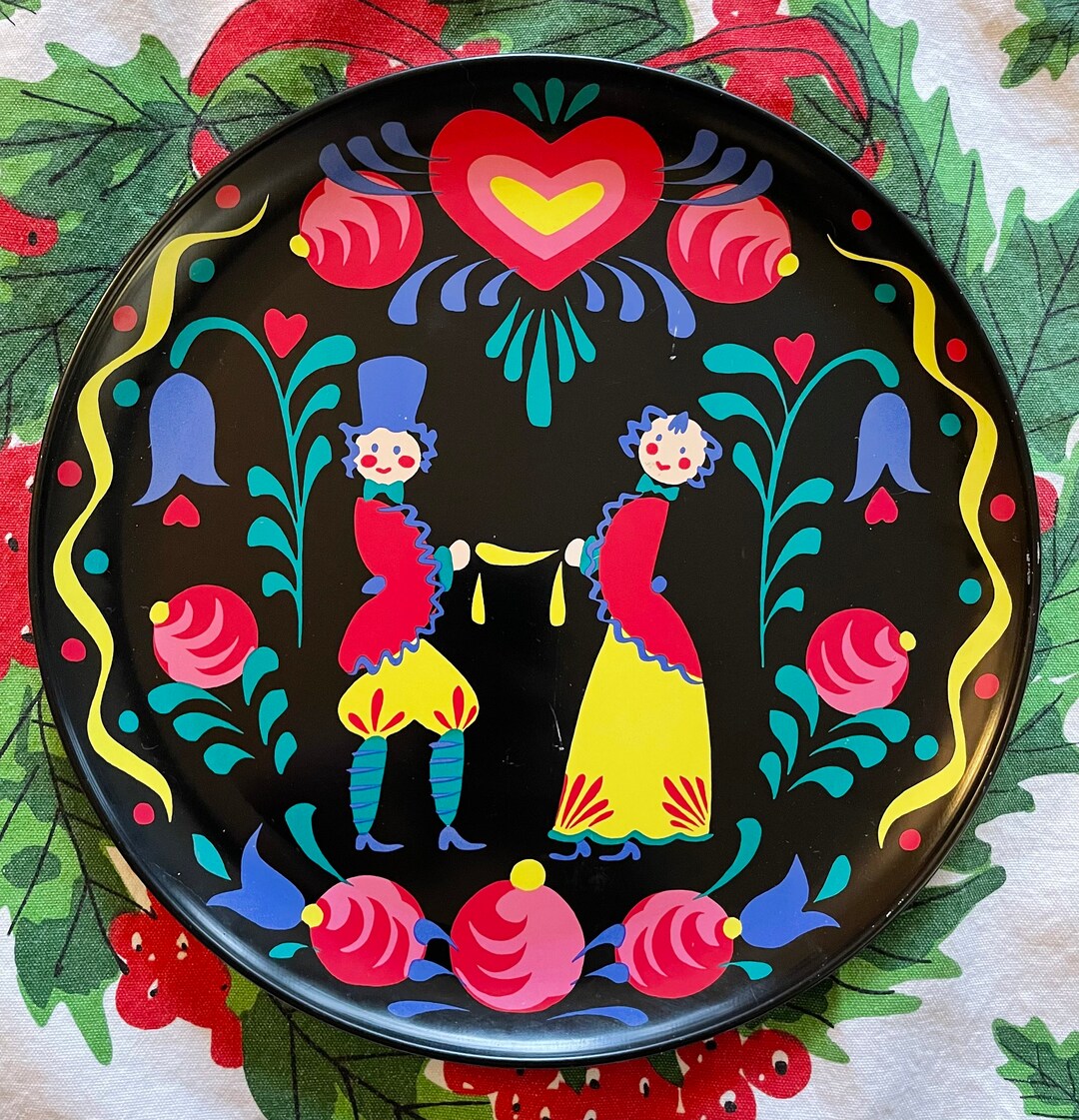 Vintage Black Toile Tin Litho Tray With Folk Art Decoration ~ Round ...