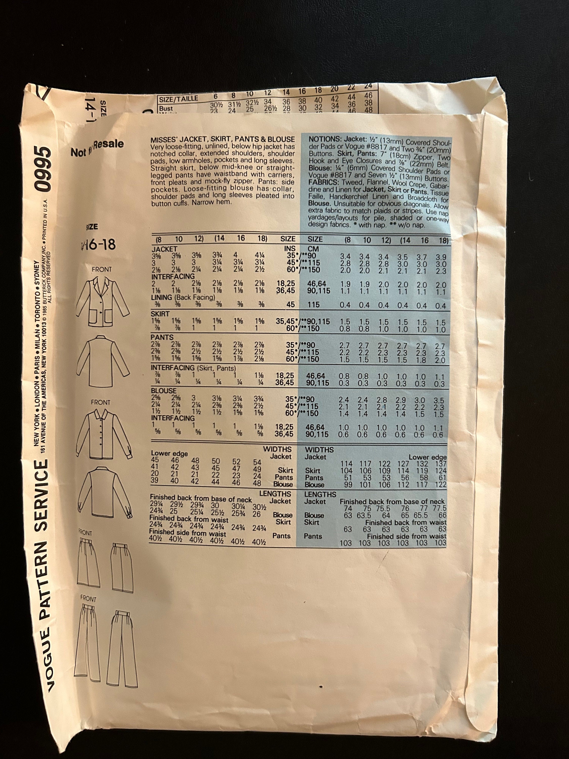 Vintage 1985 Vogue Sewing Pattern 0995 "not for Resale" Family Circle ...