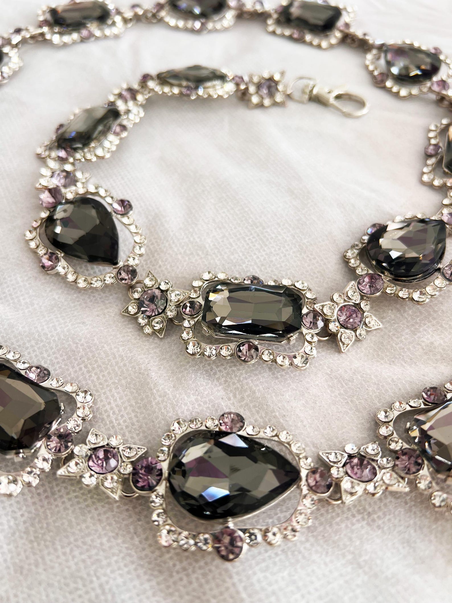 Extra Long Vintage Style Silver Tone Metal Grey Rhinestone Chunky ...