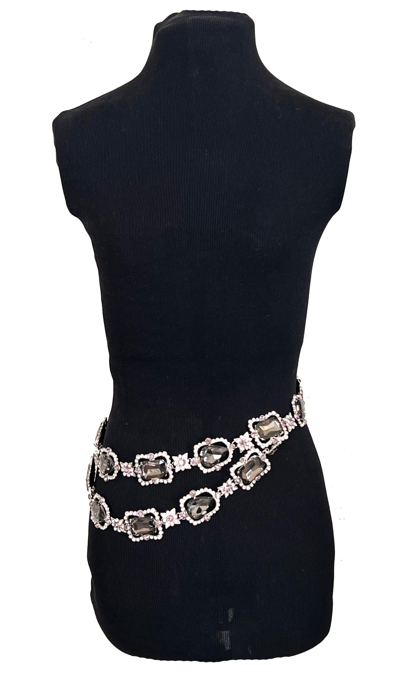 Extra Long Vintage Style Silver Tone Metal Grey Rhinestone Chunky ...