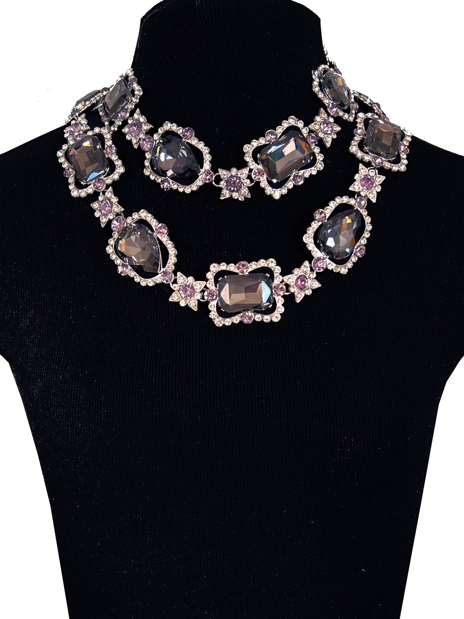 Extra Long Vintage Style Silver Tone Metal Grey Rhinestone Chunky ...