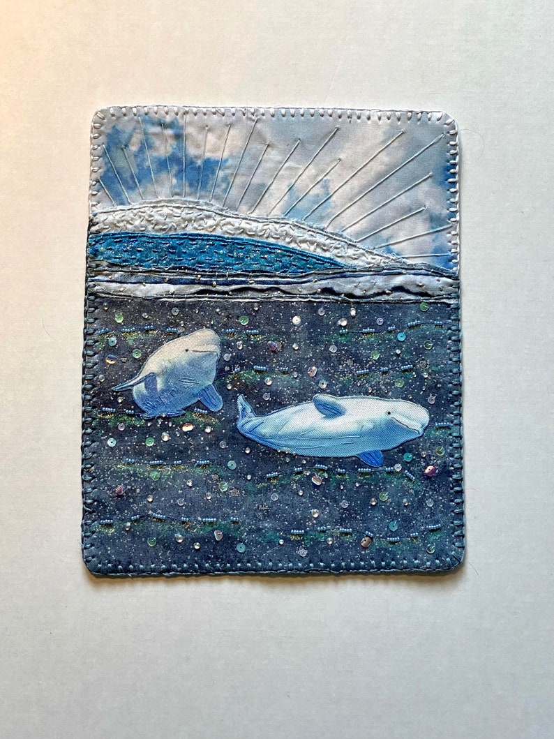 Beluga Whale Northern Lights Fabric Collage Mixed Media Wall Hanging ...