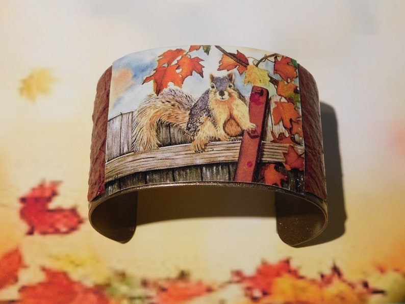Squirrel Bracelet, Squirrel Cuff, Autumn Fall Leaves, Mixed Media ...