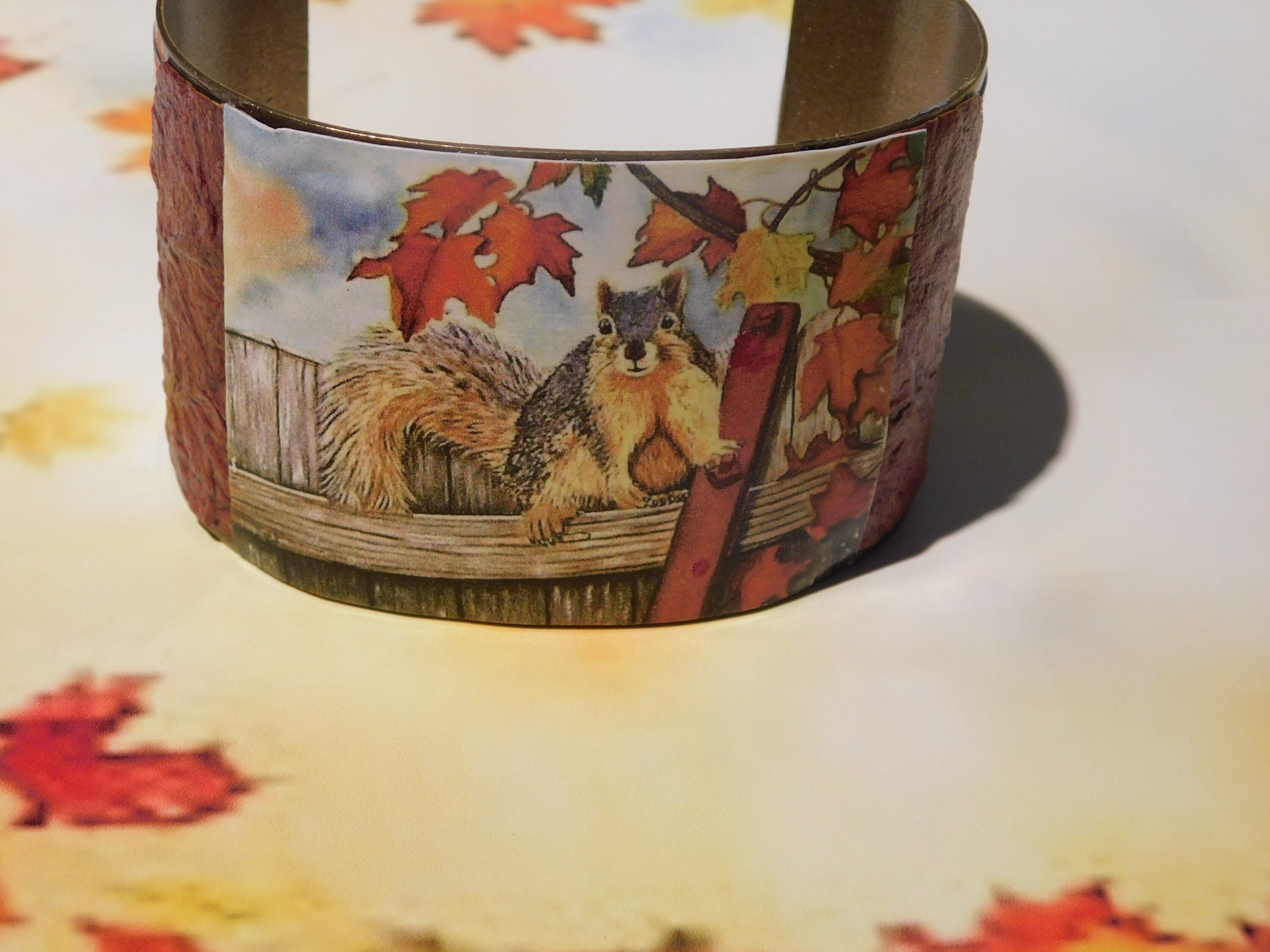 Squirrel Bracelet, Squirrel Cuff, Autumn Fall Leaves, Mixed Media ...