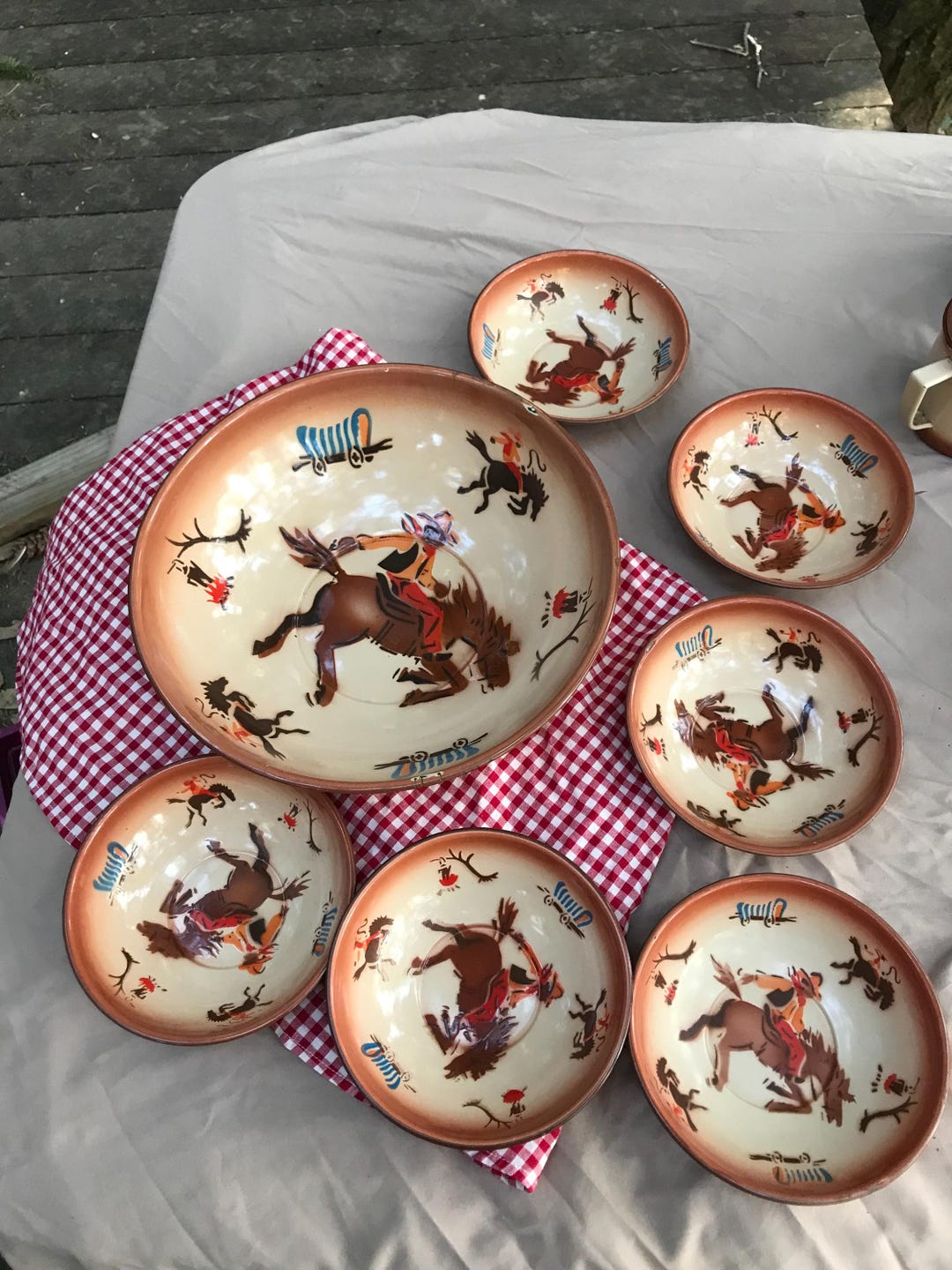 Vintage Nesco Western Cowboy Enamelware Set With Bucking Bronco Design ...