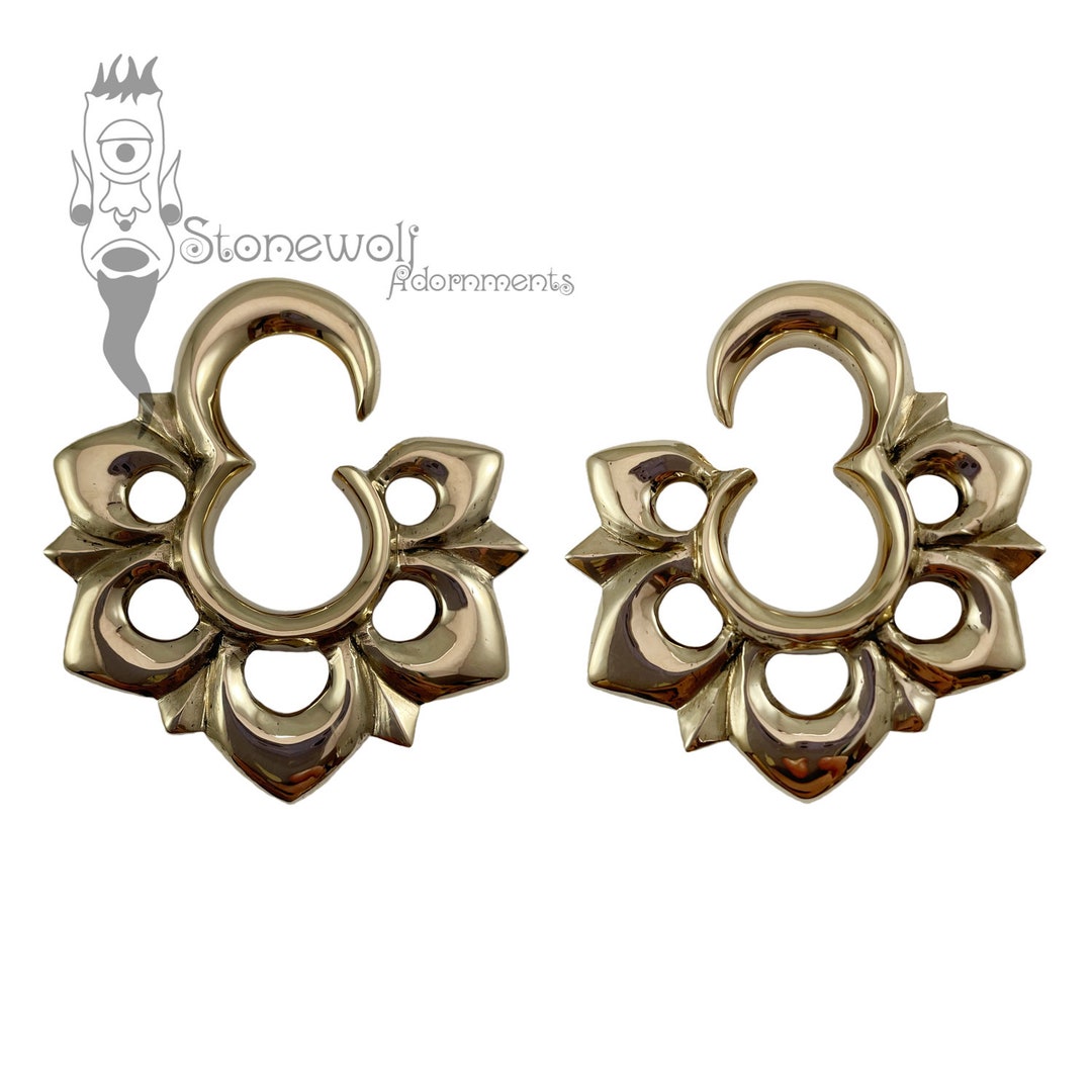 Pair of Bronze Lotus Ear Weights for Stretched Lobes in Bronze Hangers ...