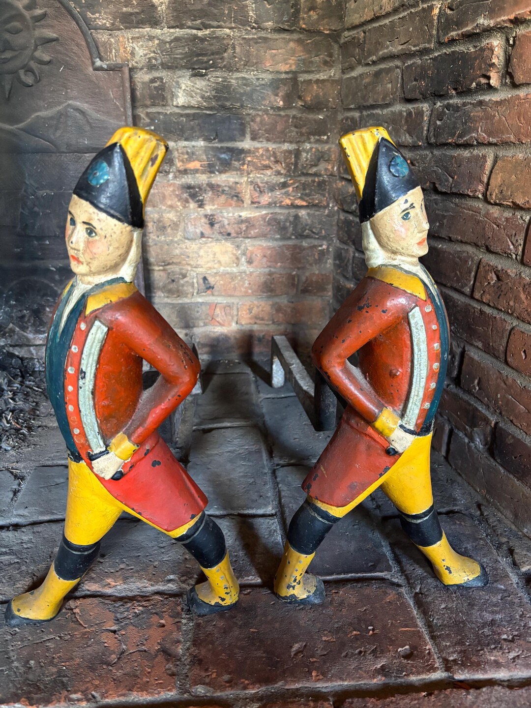 Antique Fireplace Andirons Firedogs Painted Hessian Soldiers 17” Cast ...