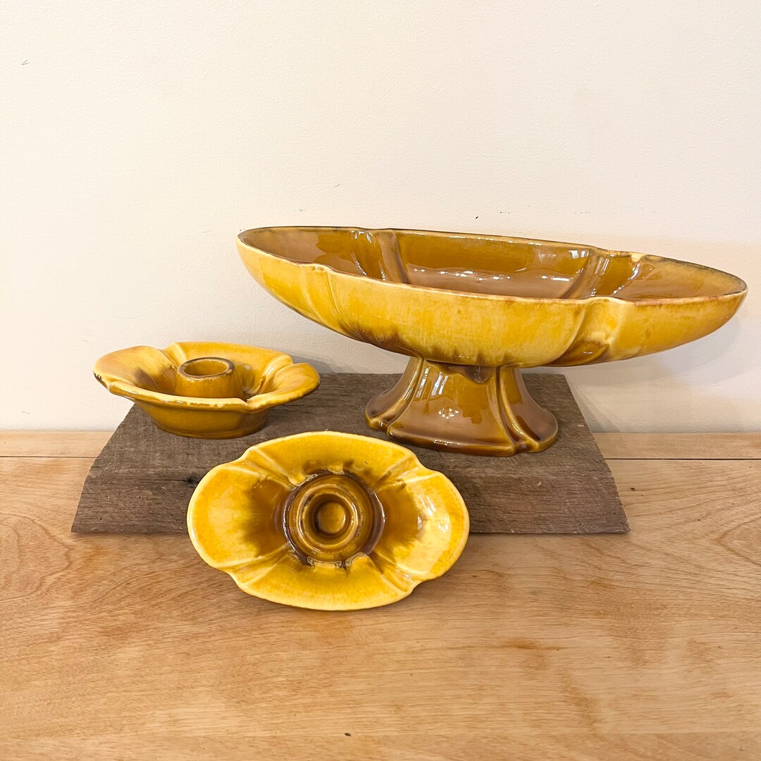 Vintage Haeger Pottery Set / Pedestal Dish and Candle Holders / Vintage ...