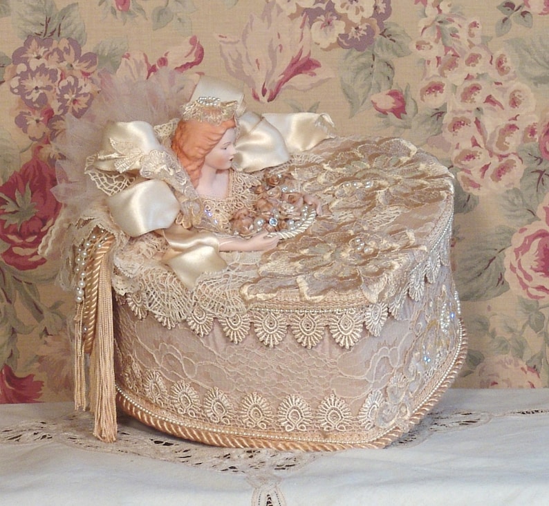 Victorian Beige & Cream Hand Decorated - Trinket/ Hat Box- Vintage ...