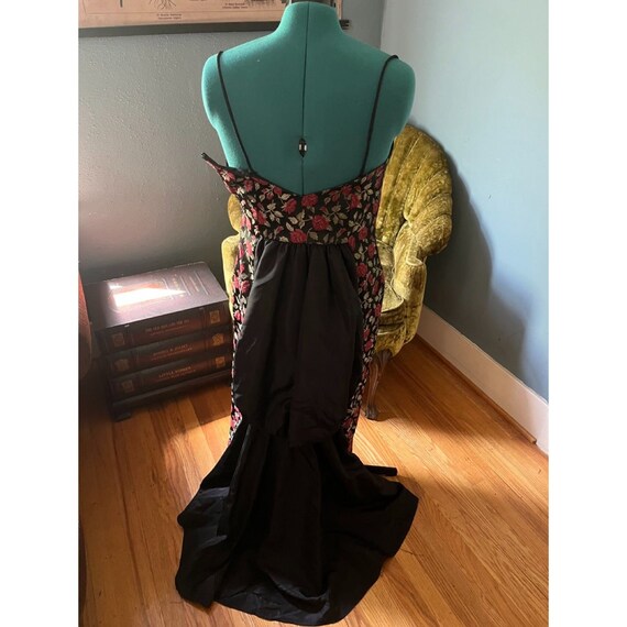 80s-90s Rose Embroidered Black Satin Formal Dress wit… - Gem