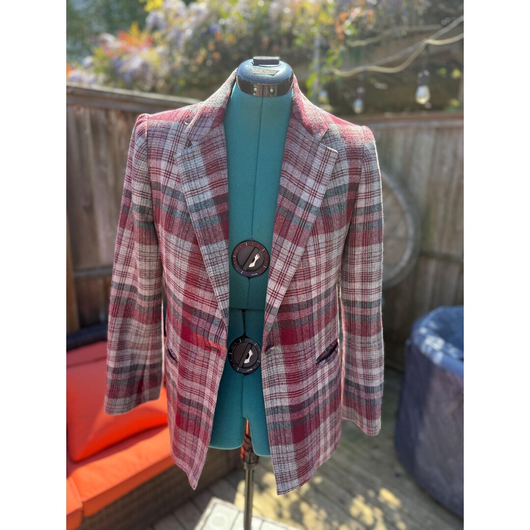 VTG 60s-70s Jantzen Red + Grey Plaid Wool One Button Lined Blazer - 14 ...