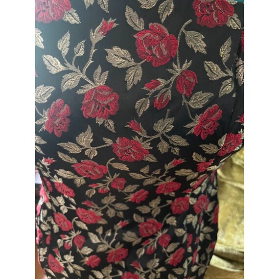 80s-90s Rose Embroidered Black Satin Formal Dress wit… - Gem