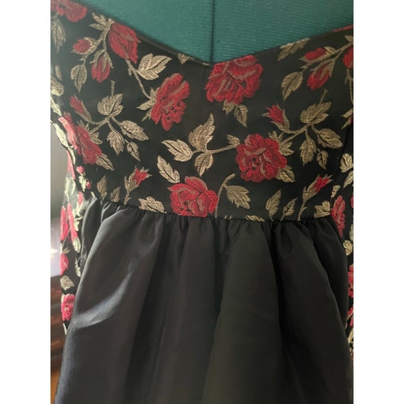 80s-90s Rose Embroidered Black Satin Formal Dress wit… - Gem