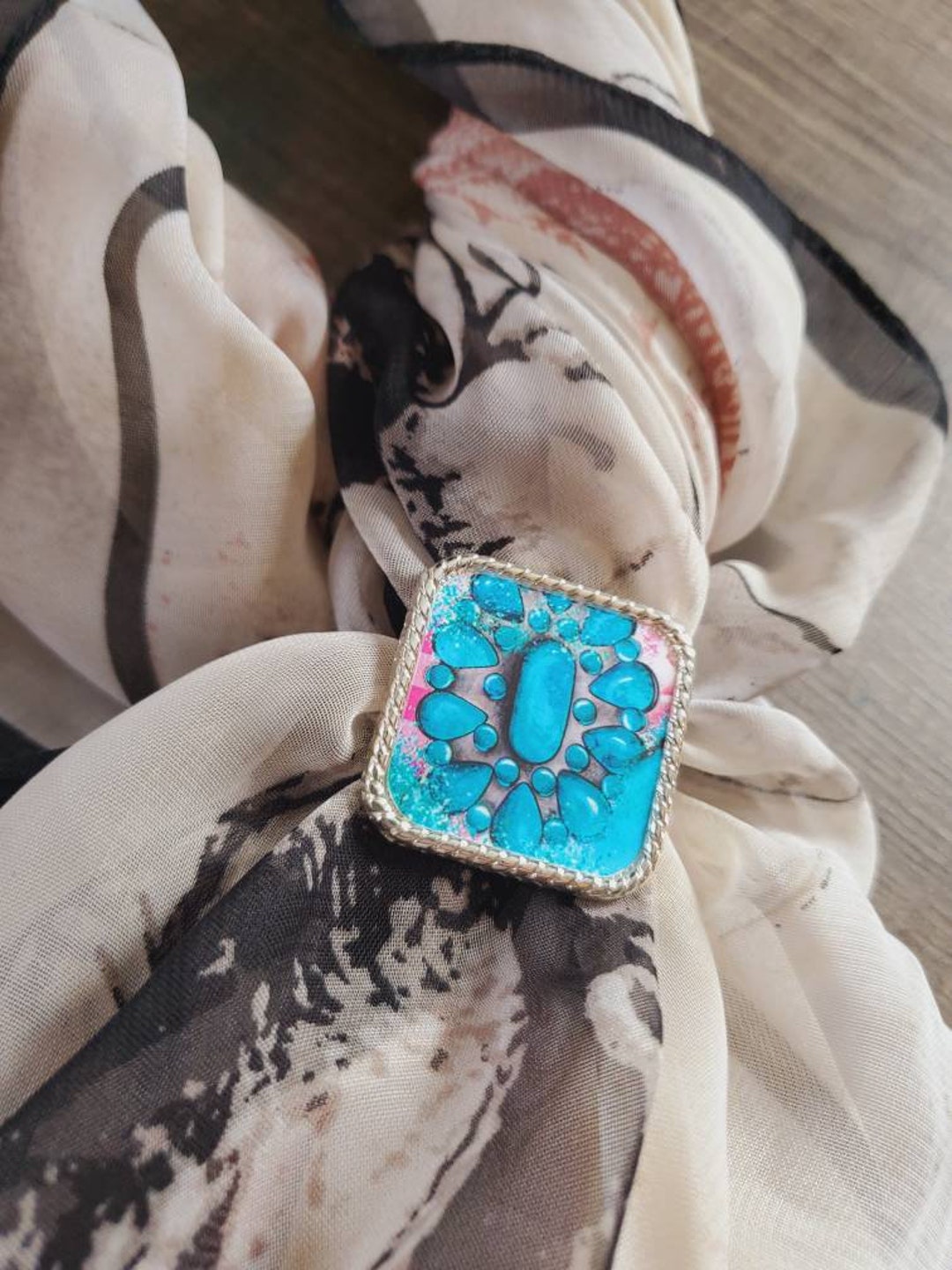 Unique Scarf Slide, Turquoise Squash Blossom Scarf Slide Bling Concho ...