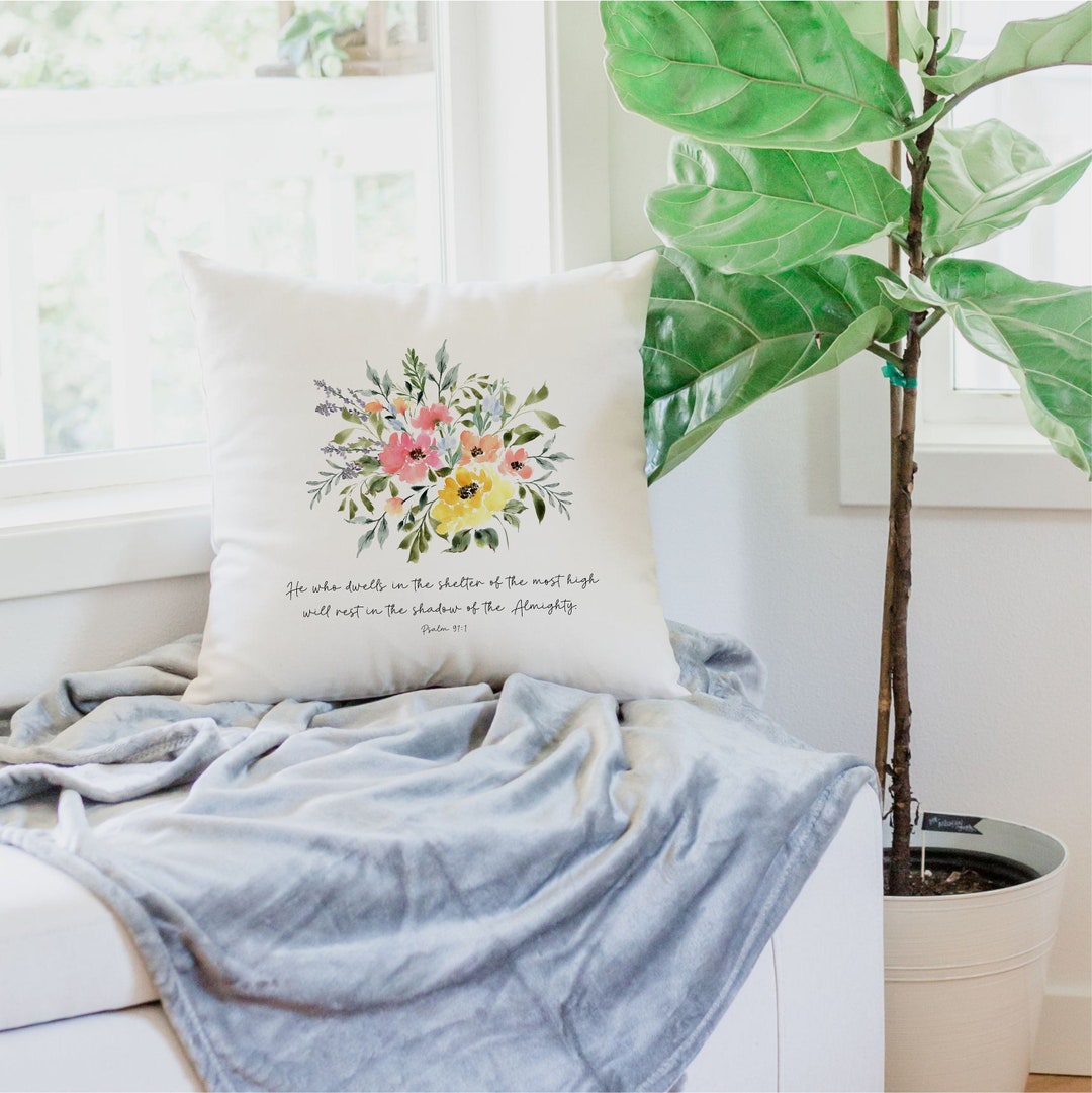 Psalm 91 Scripture Pillow Square Throw Pillow With Watercolor Florals ...