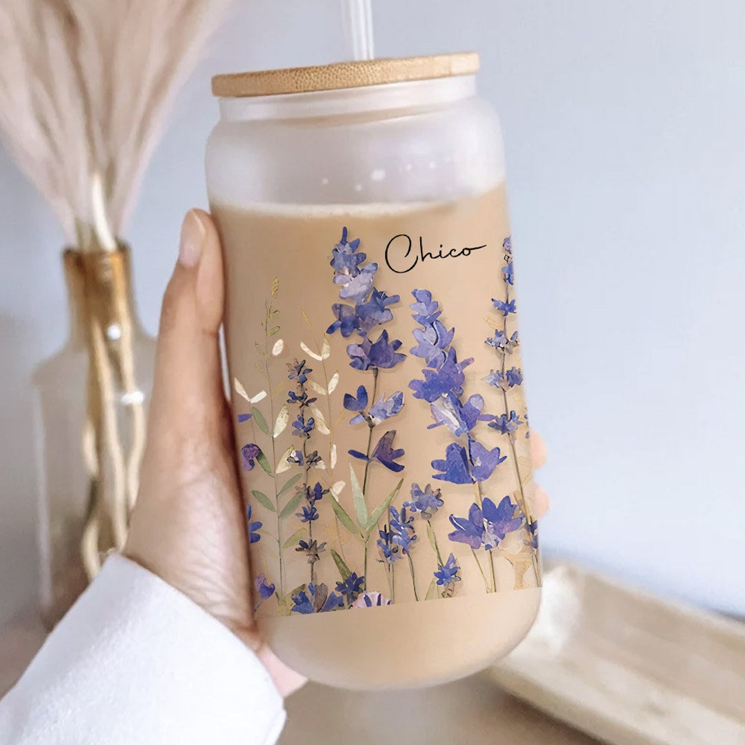 Custom Name Pressed Flowers Glass Cup, Boho Wildflowers Cottagecore Cup ...