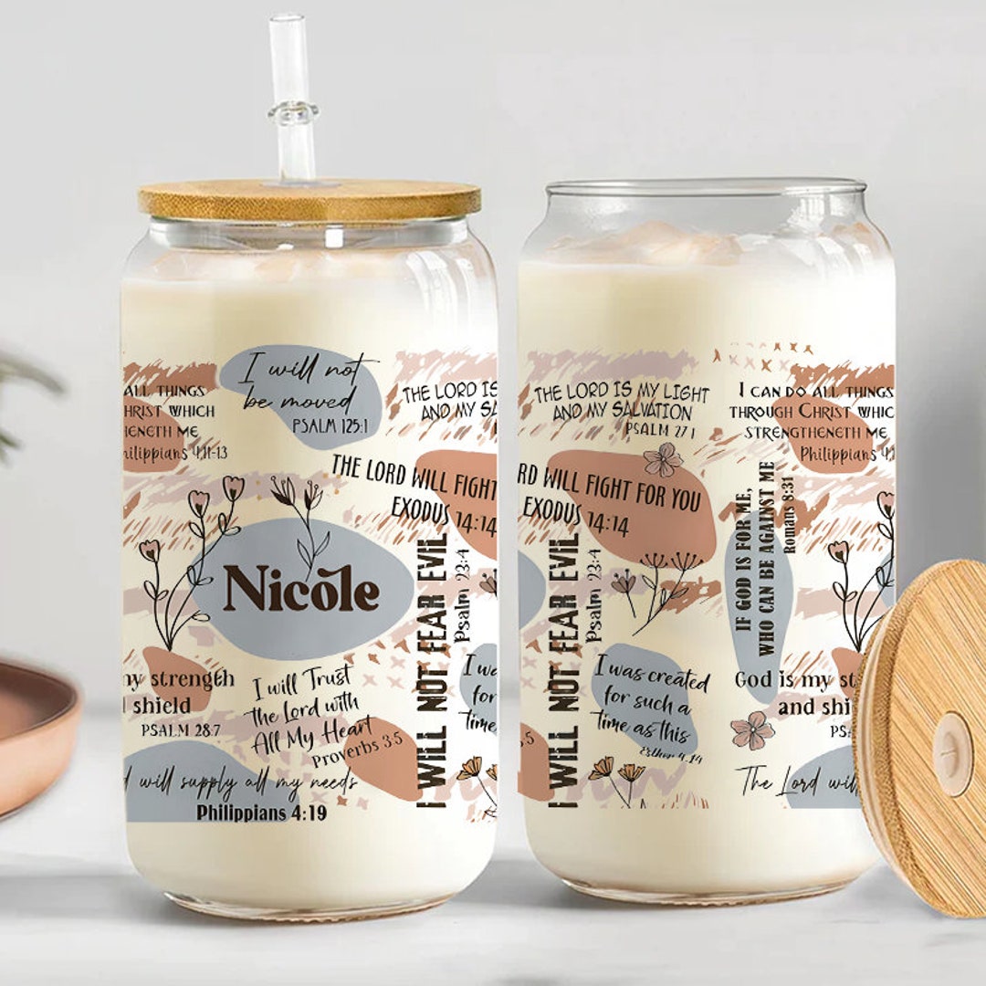 Custom Name Christian Affirmation Iced Coffee Cup, Bible Verse Glass ...
