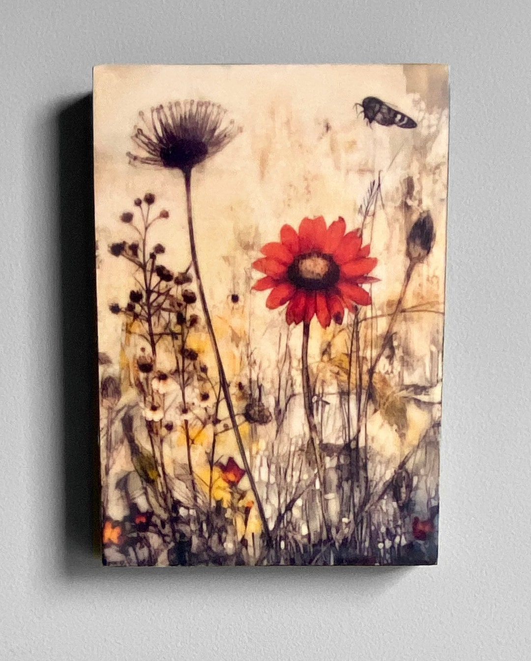 Encaustic Art: Red Daisy Floral Print on Mini Wood Canvas Covered in ...