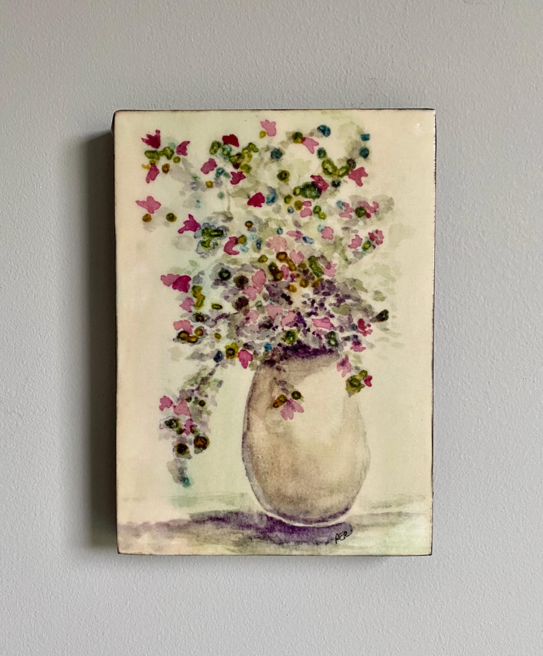 Encaustic Enhanced Print Pink Floral Botanical Wall Decor: Mini Bouquet ...