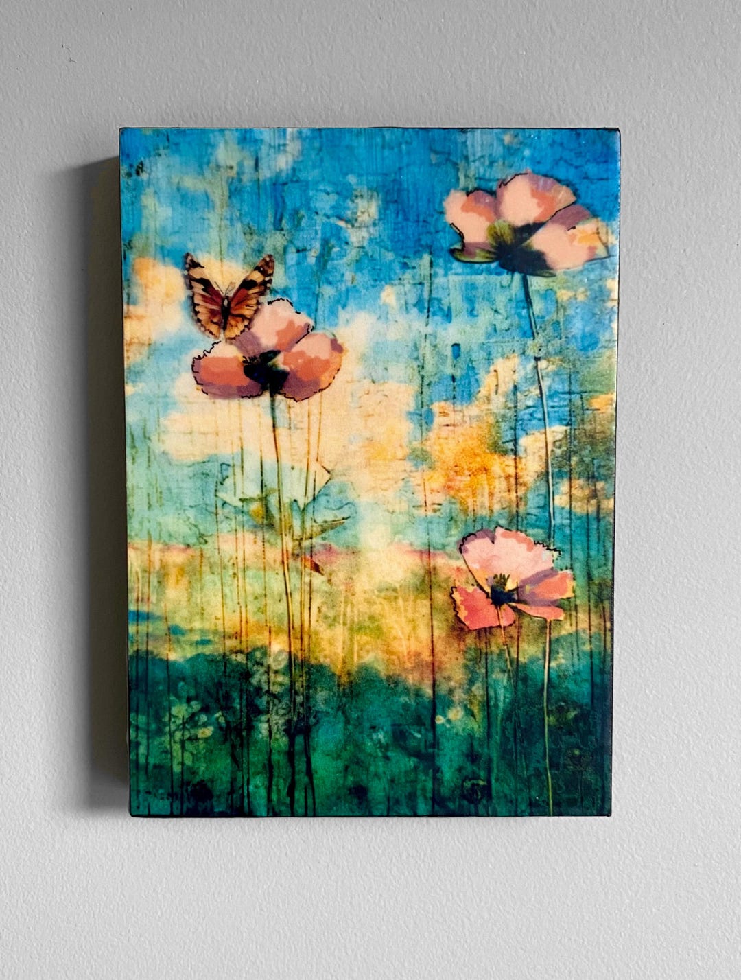 Encaustic Art: Floral Butterfly Art Print on Wood Canvas, Covered in ...