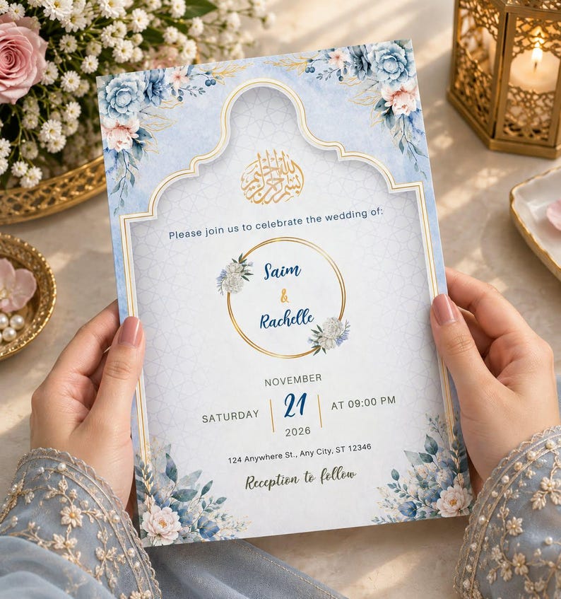 Walima Editable Muslim Wedding Invitation Card | Floral Islamic Design ...