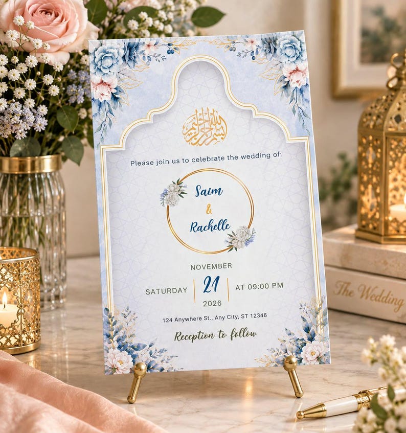 Walima Editable Muslim Wedding Invitation Card | Floral Islamic Design ...