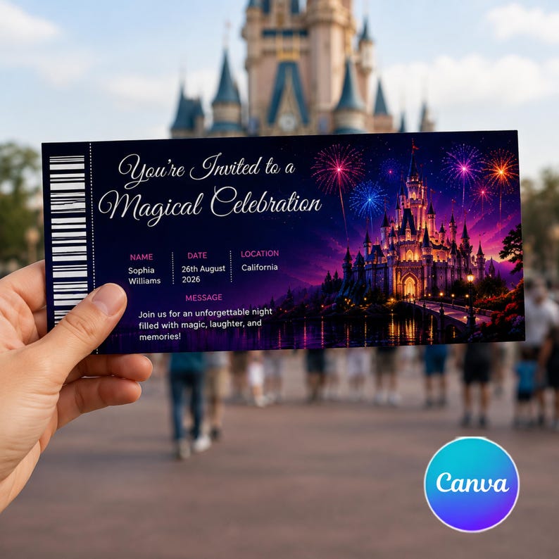 Magical Celebration Ticket Invitation Editable Canva Template, Castle ...