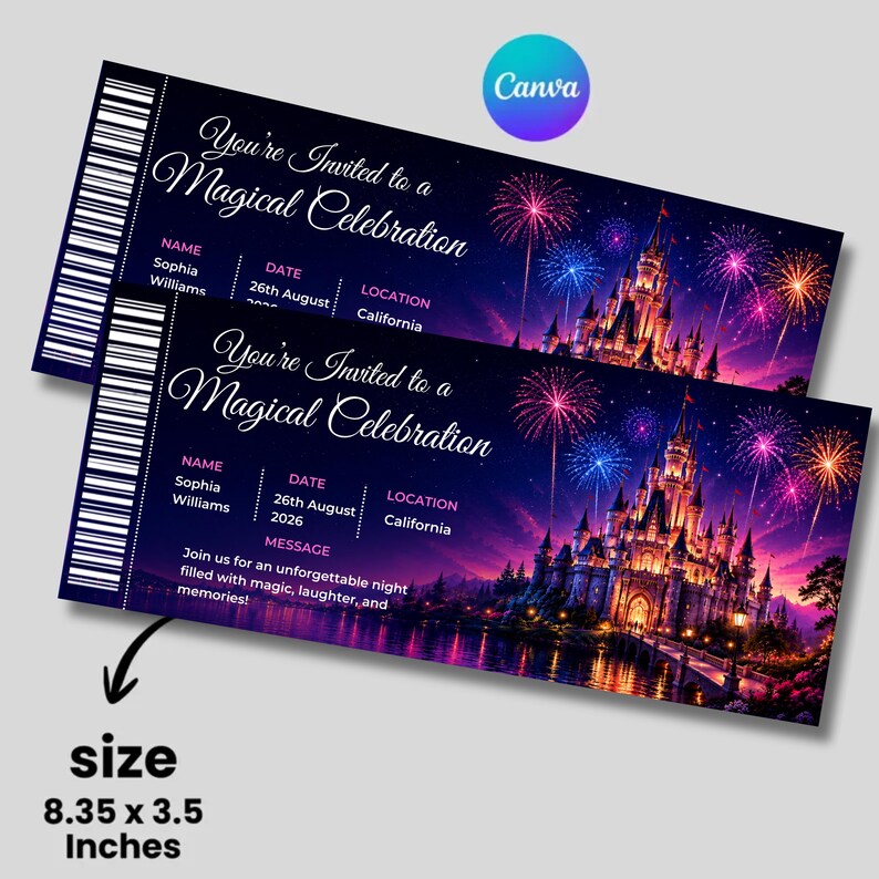 Magical Celebration Ticket Invitation Editable Canva Template, Castle ...