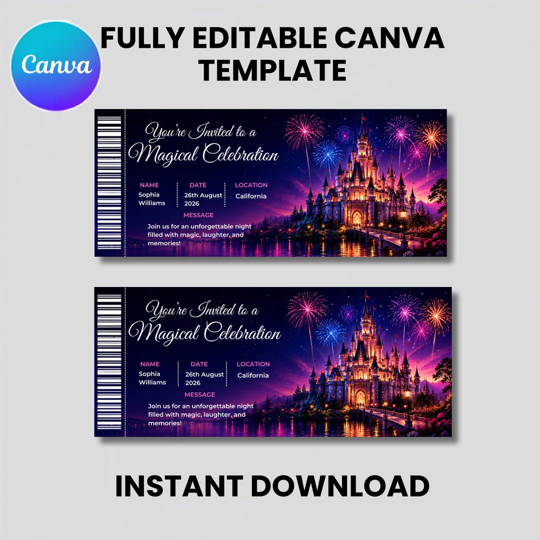 Magical Celebration Ticket Invitation Editable Canva Template, Castle ...