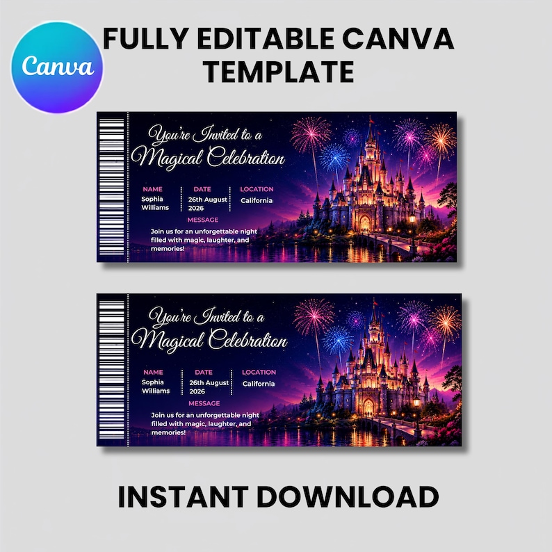 Magical Celebration Ticket Invitation Editable Canva Template, Castle ...