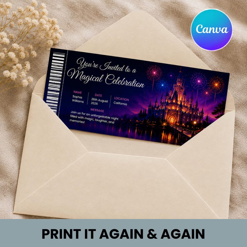 Magical Celebration Ticket Invitation Editable Canva Template, Castle ...