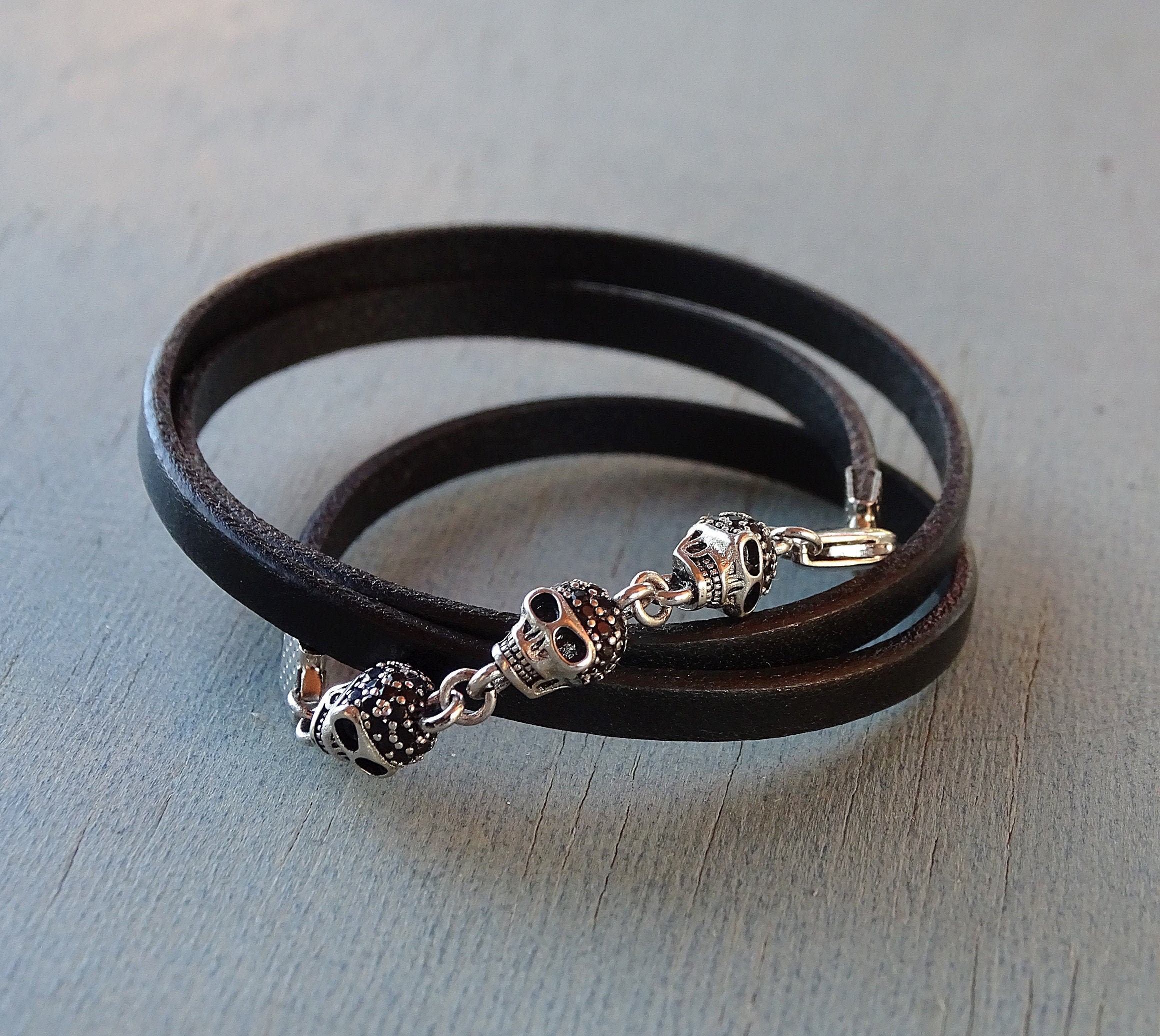 Silver Men's Skull Bracelet,skull Bracelet,skull Leather Bracelet,men's ...