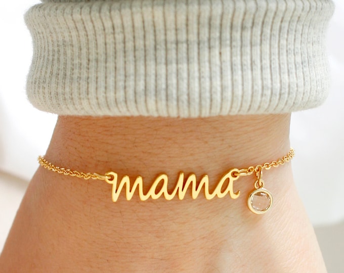 Personalized Mama Bracelet, Leaf Initial Charm, Birthstone Bangle ...