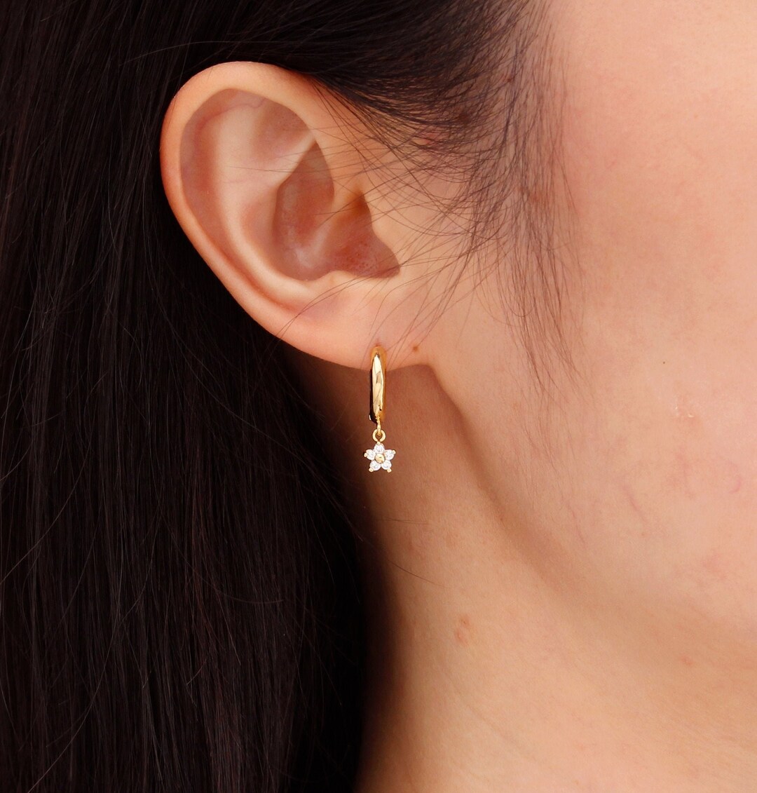 Dainty Flower Dangle Hoop Earring in Sterling Silver, Gold Flower CZ ...