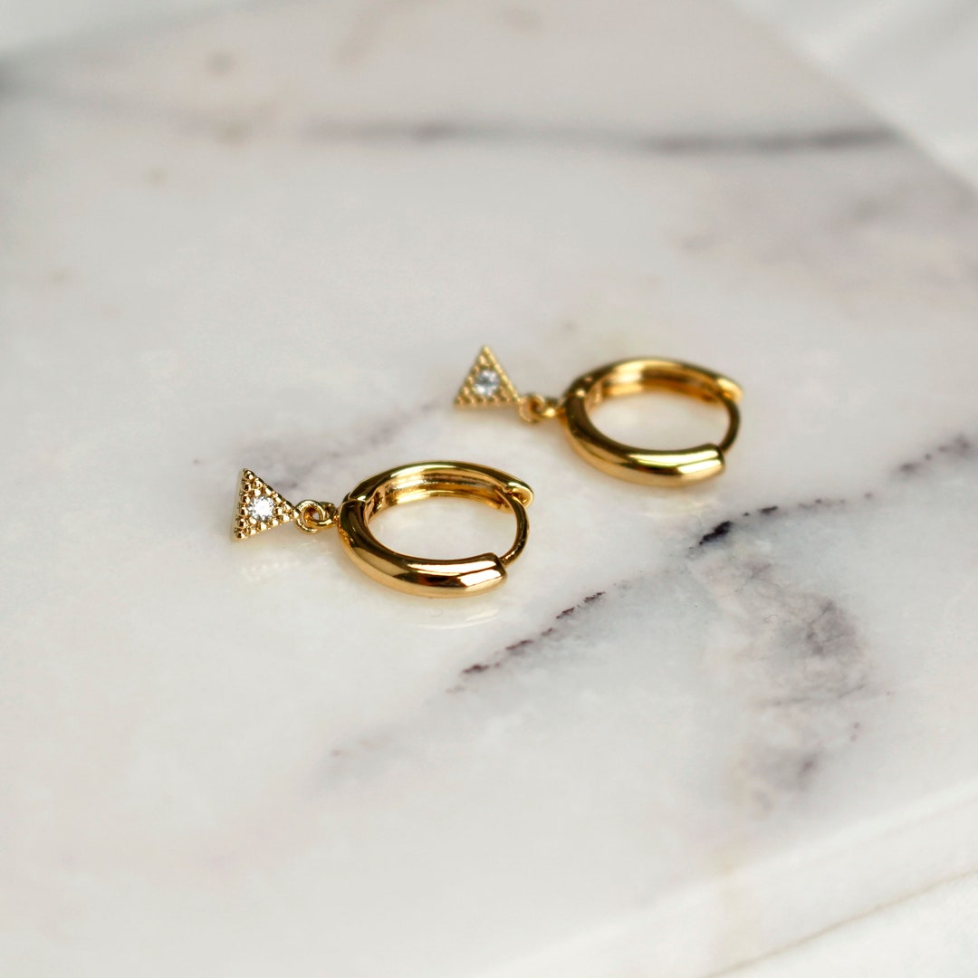 Tiny Triangle Dangle Earrings in Sterling Silver, Gold Huggie Hoops ...