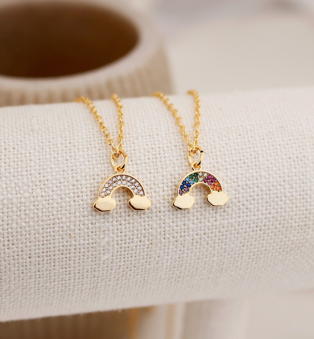 Gold Rainbow Necklace, Tiny Rainbow Charm With Colorful Crystals ...